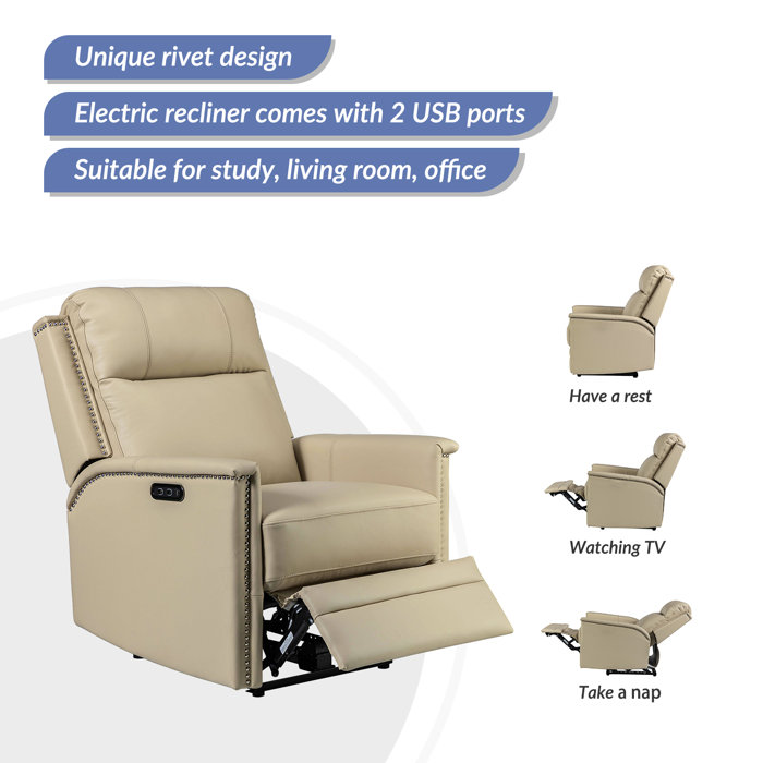 Wade Logan® Avelino Genuine Leather Power Recliner with Nailhead Trim & Reviews | Wayfair